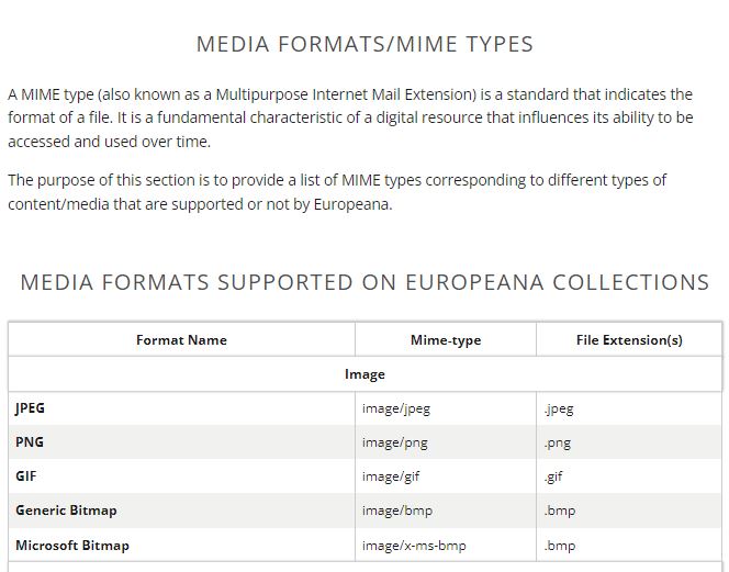 Media formats / Mime types Europeana - HispanaPRO